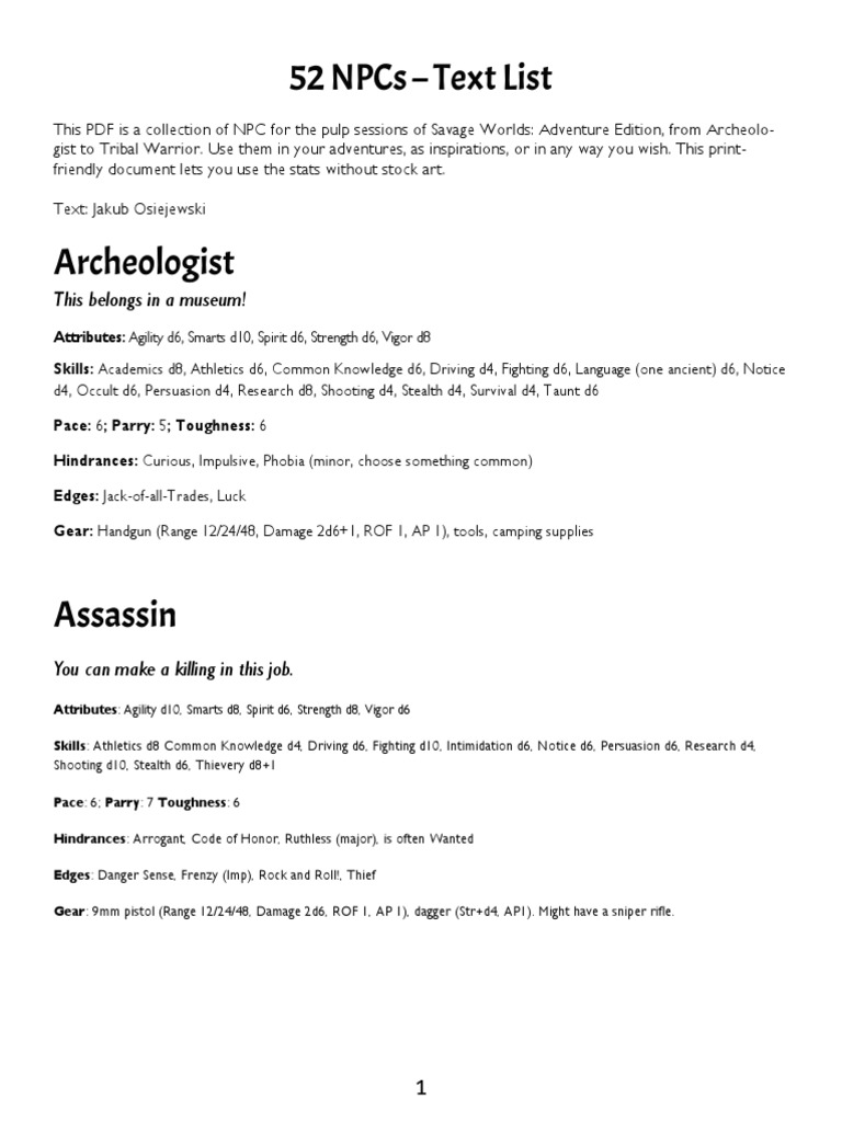 Pulp NPCs Printable | PDF