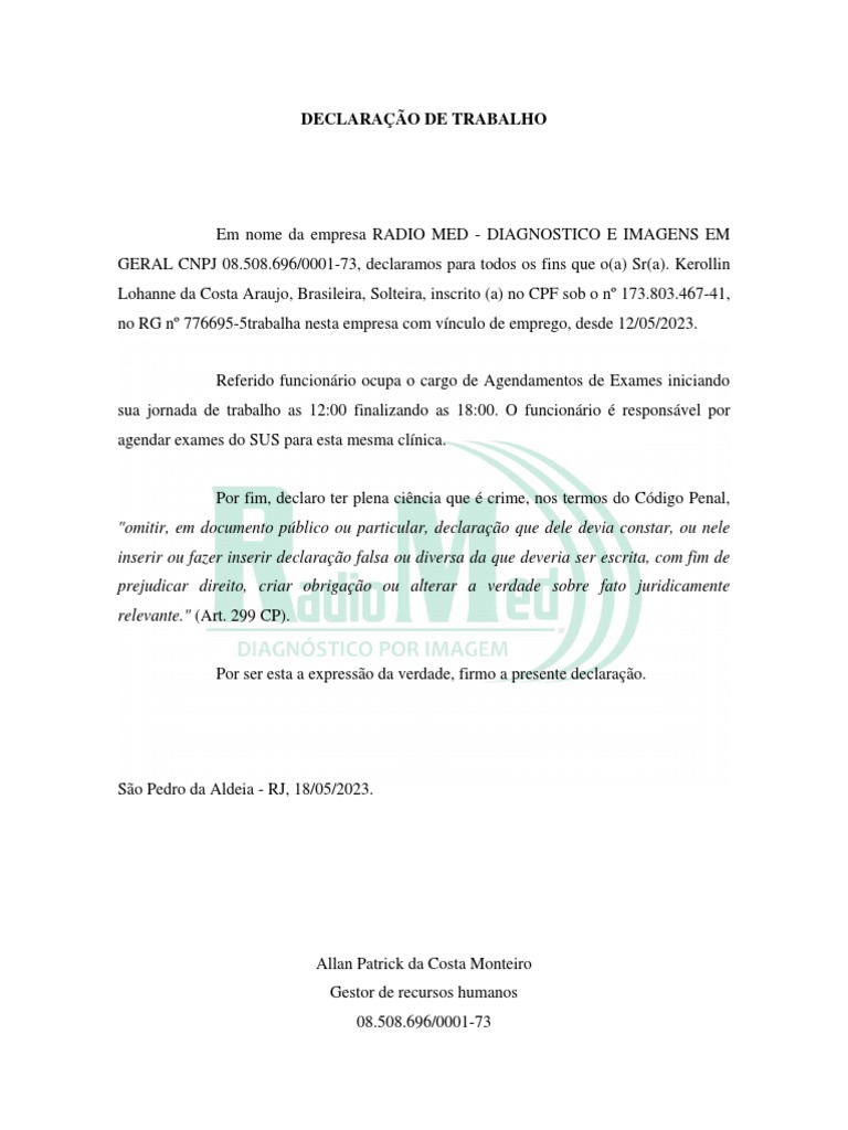 Declaracao Trabalho | PDF