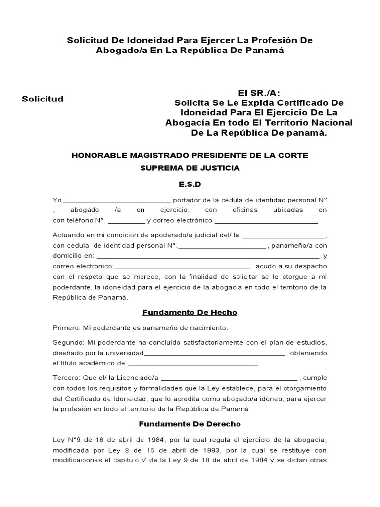Ejemplo de Solicitud de Idoneidad en Panamá | PDF | Panamá | Gobierno