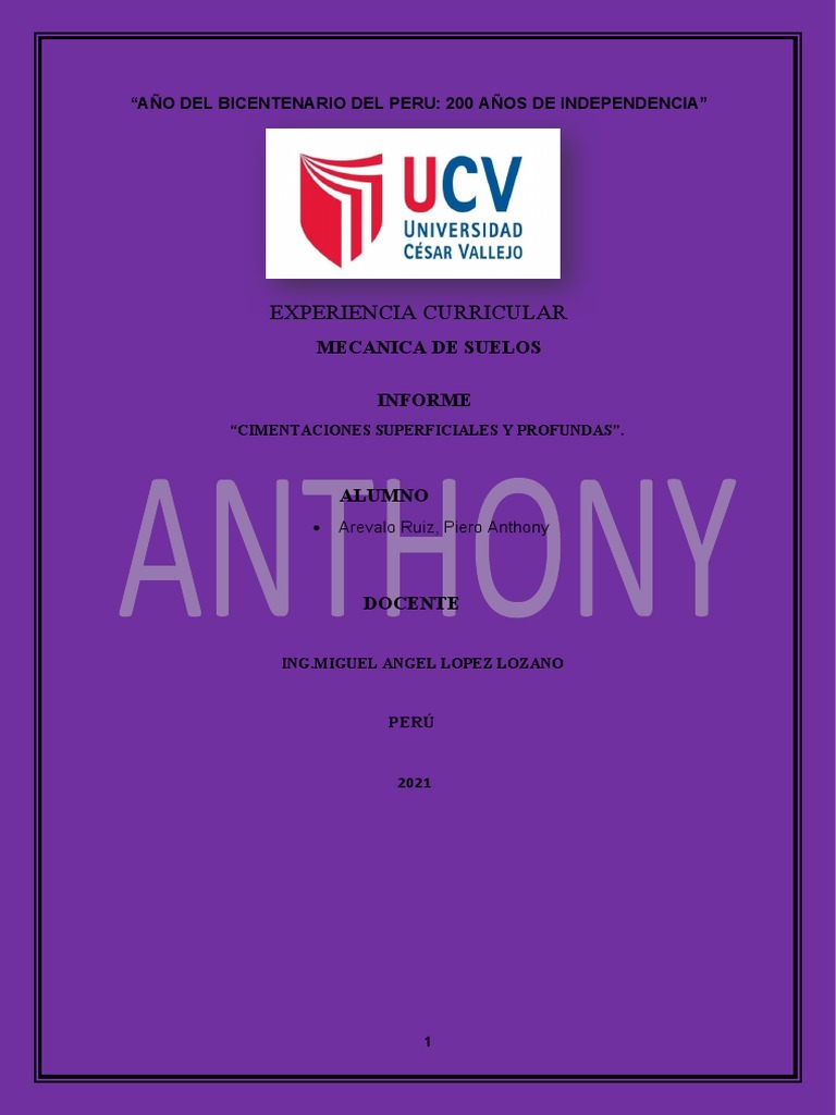 Informe Numero 3 de Suelos Piero Anthony Arevalo | PDF | Fundación (Ingeniería) | Agua subterránea
