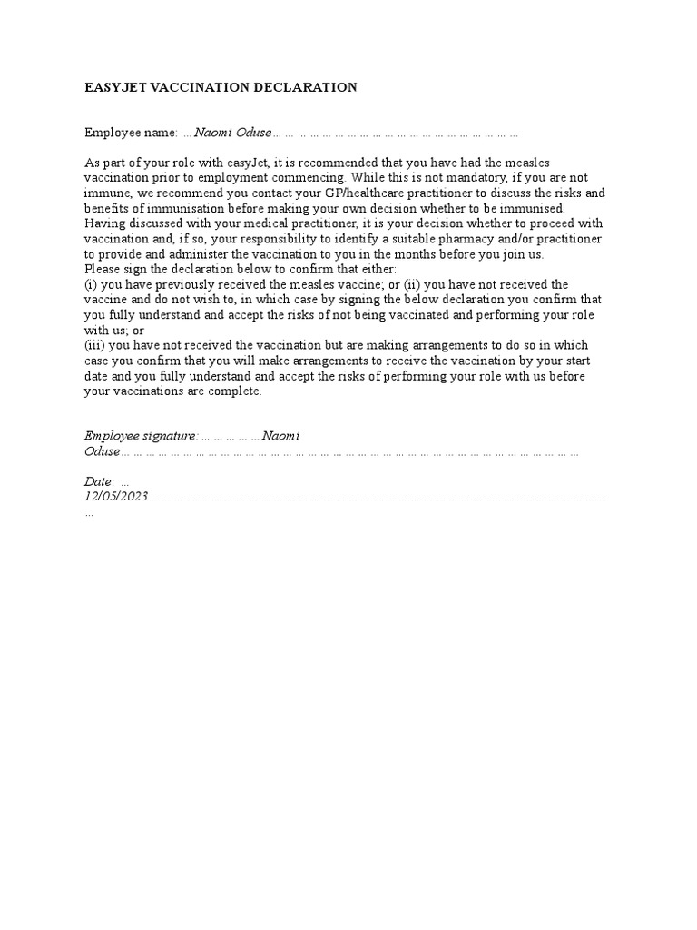 Easyjet Measles Vaccine Declaration English | PDF
