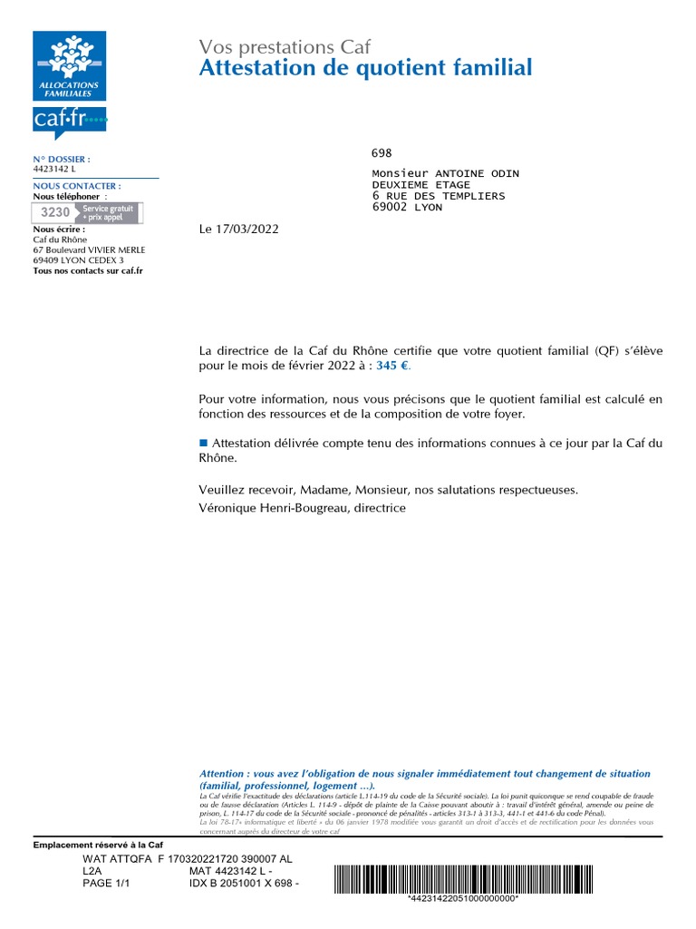 CAF - Attestation Du Quotient Familliale | PDF | Justice | Crime et ...