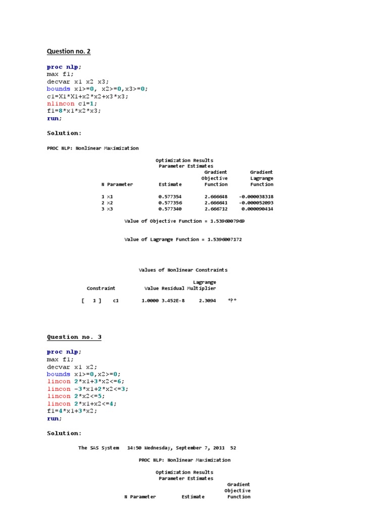 SAS PROC NLP Nonlinear Optimization | PDF