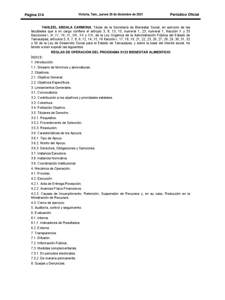 Reglas de Operacion Del Programa Bienestar Alimenticio | PDF