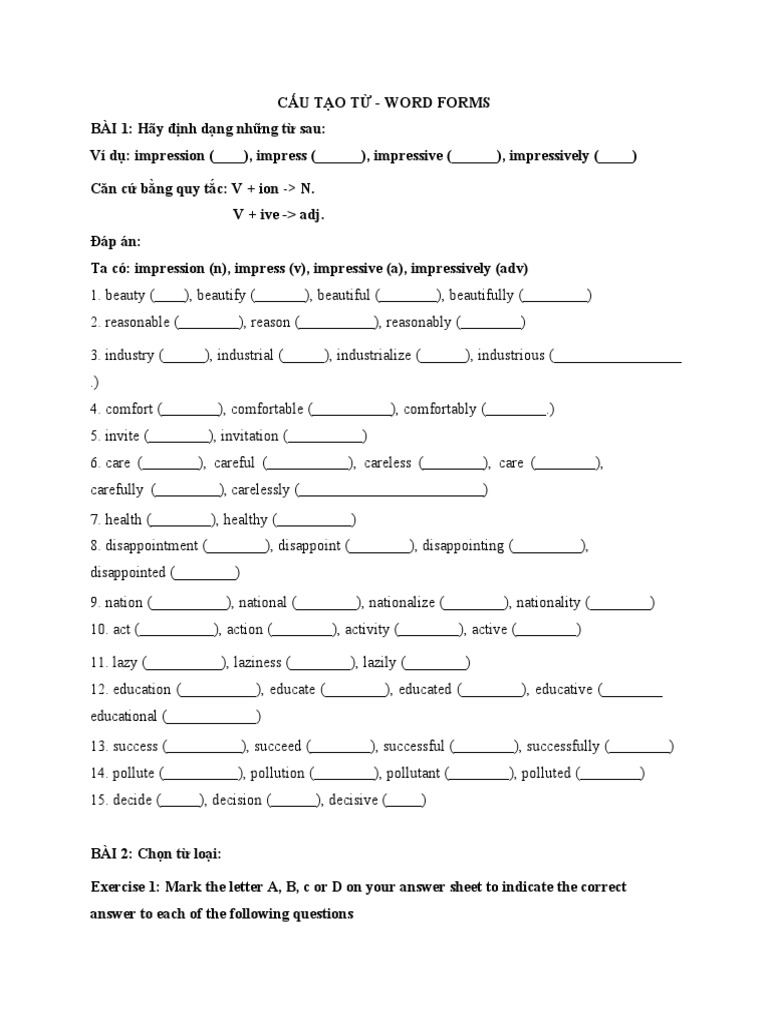 WORD FORMS (CAU TAO TU) - BAI TAP | PDF