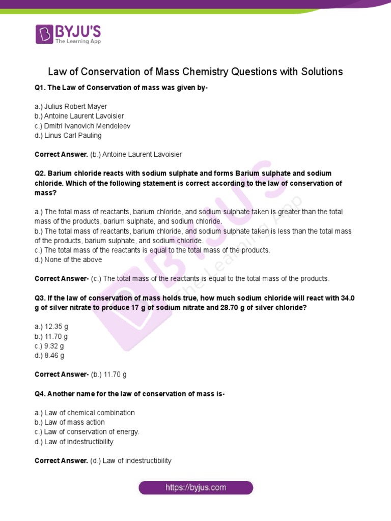 Law-of-Conservation-of-Mass-Questions.classworkdocx | PDF | Sodium ...