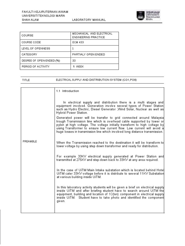Lab manual-ELECTRICAL SUPLLY AND DISTRIBUTION-level 1-NEW | PDF ...
