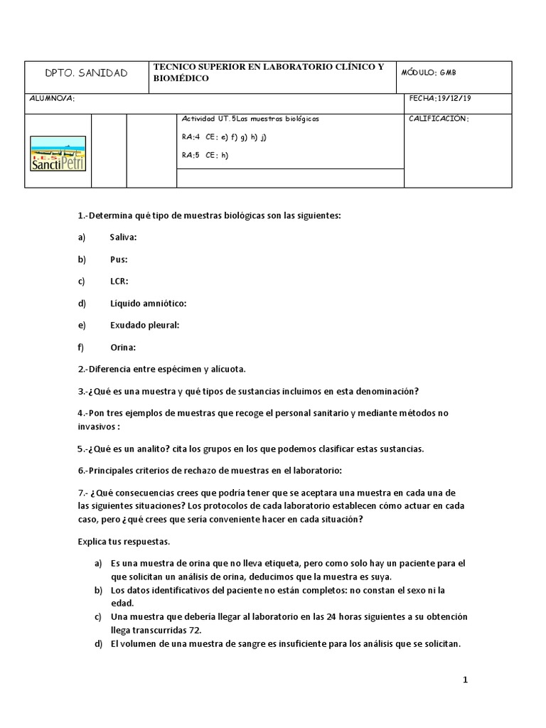 Actividad UT 5 Muestras biológicas | PDF | Laboratorios | Epidemiología