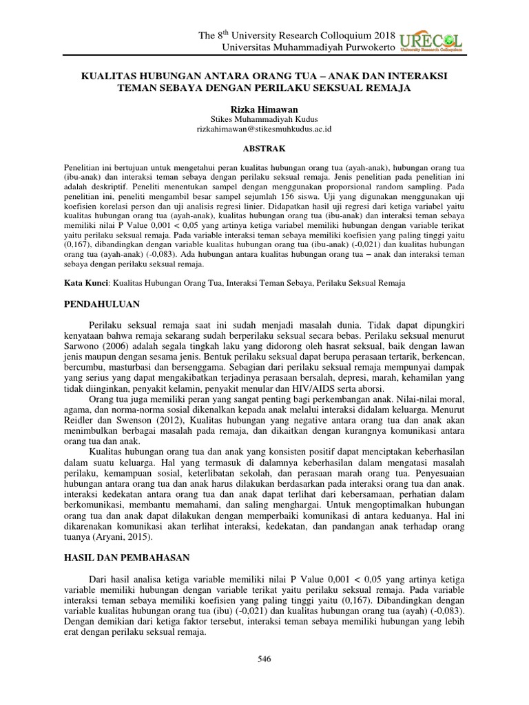 Kualitas Hubungan Antara Orang Tua - Anak Dan Interaksi Teman Sebaya Dengan Perilaku Seksual ...