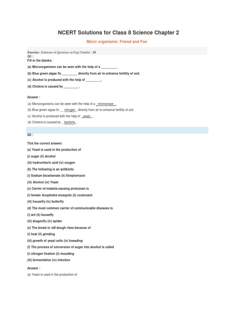 NCERT Solutions For Class 8 Science Chapter 2: Micro Organisms: Friend ...