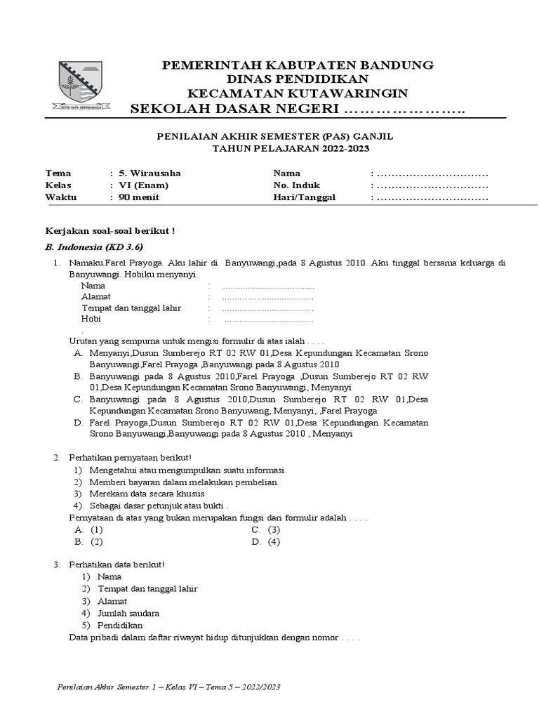 Kls 6 - Tema 5 - Master Soal & Kunci Jawaban - Pas Ganjil - 2022-2023 | PDF