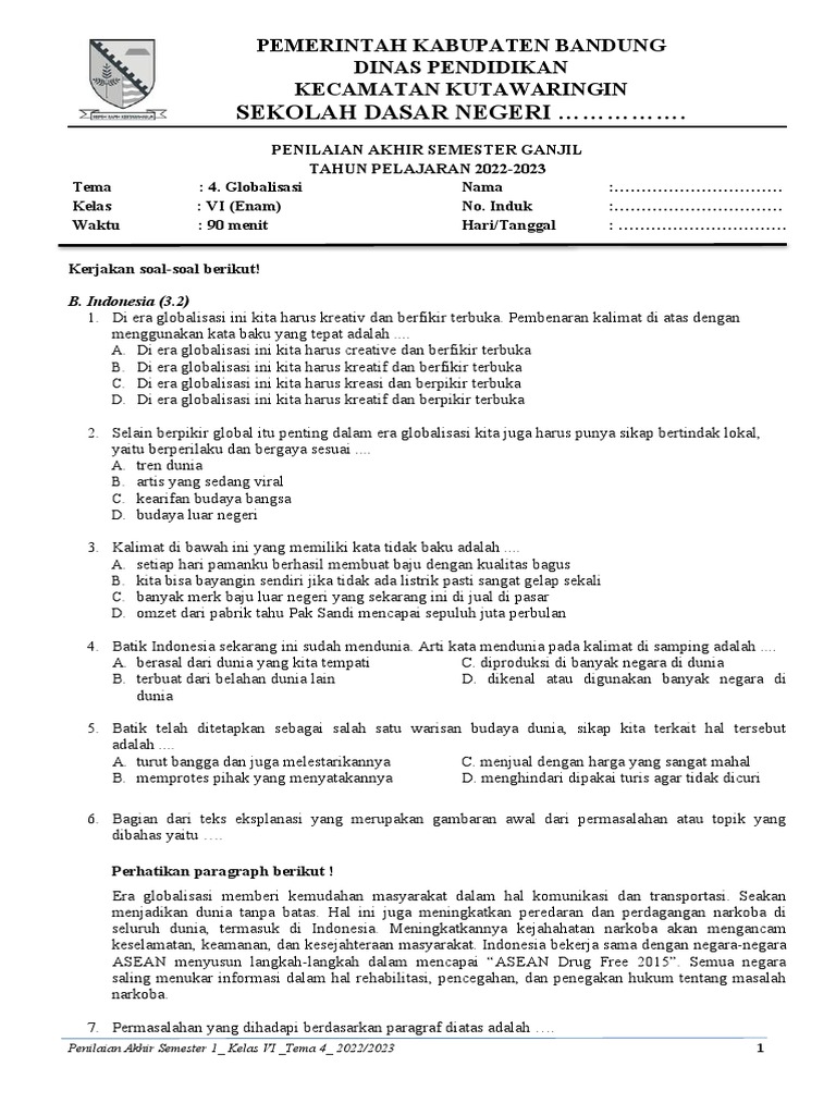 Kls 6 - Tema 4 - Master Soal & Kunci Jawaban - Pas Ganjil - 2022-2023 | PDF