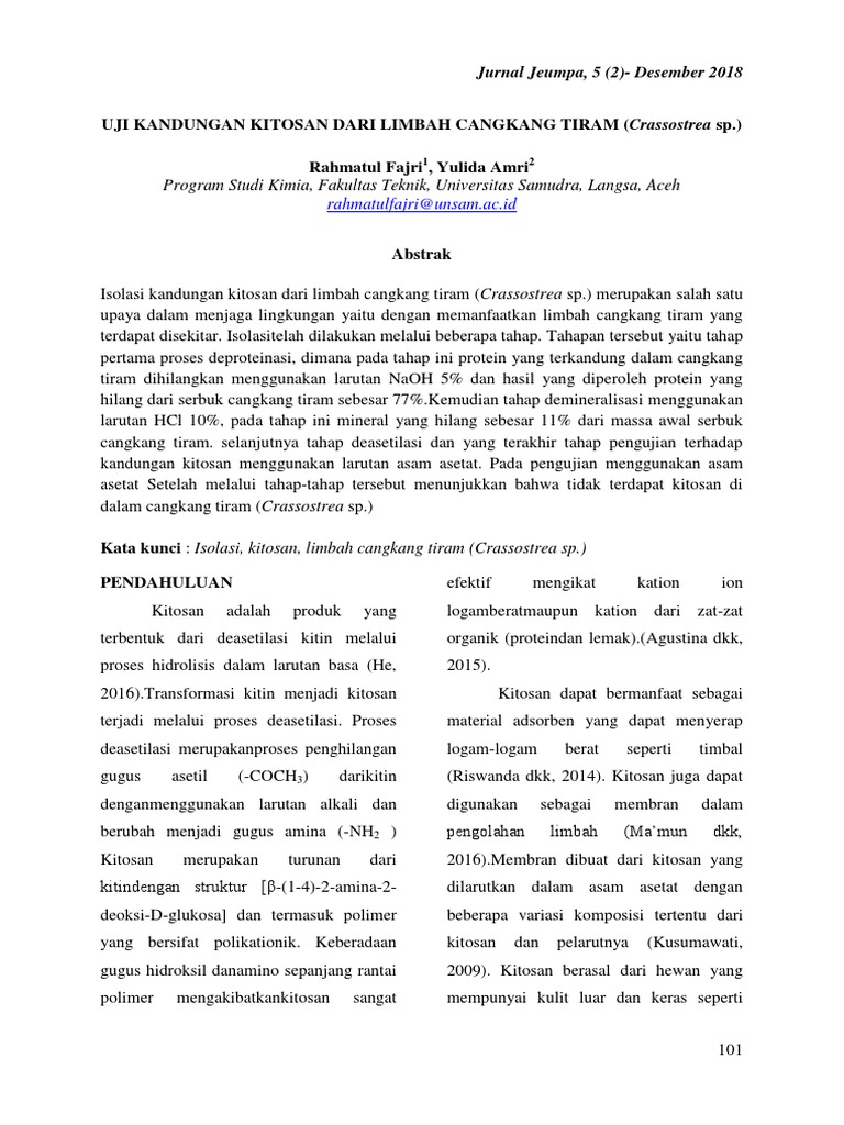 Uji Kandungan Kitosan Dari Limbah Cangkang Tiram (Crassostrea SP.) | PDF