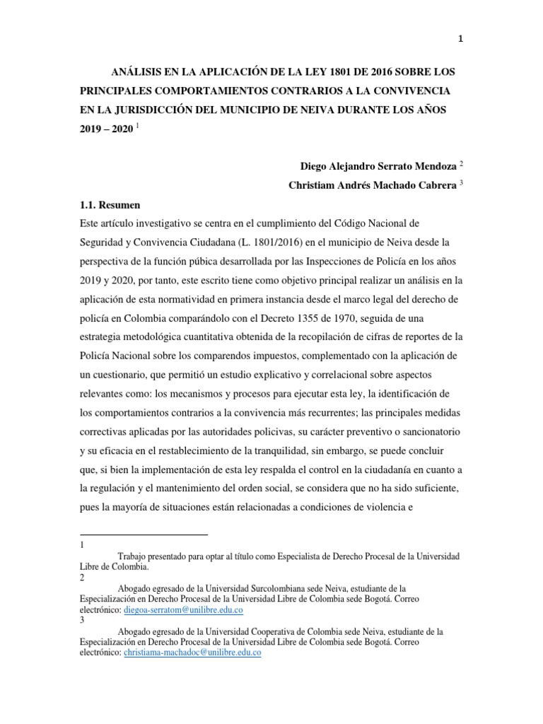Análisis En La Aplicación De La Ley 1801 De 2016 Neiva Pdf Policía