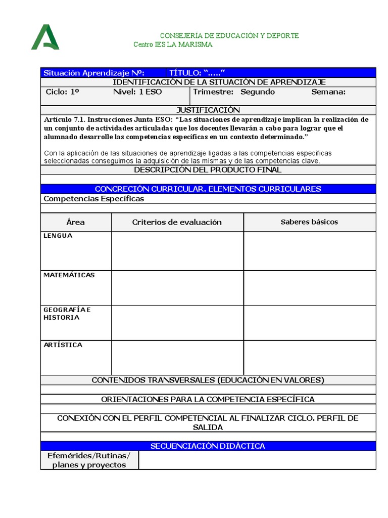 Modelo Situación Aprendizaje 1 Eso | Descargar gratis PDF | Evaluación | Aprendizaje