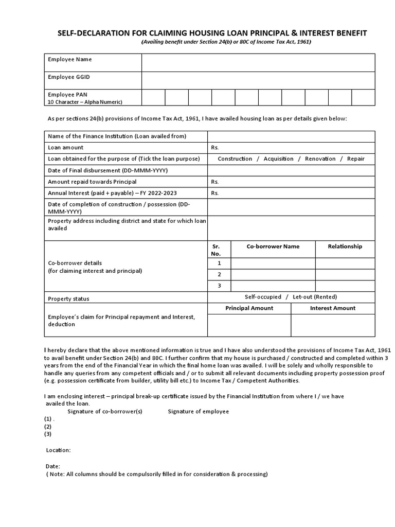 Declaration For Housing Loan | PDF | Loans | Taxes