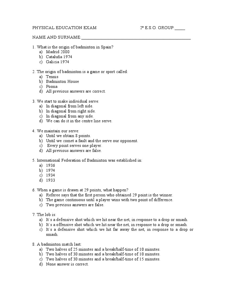 Examen de Badminton InglÃ©s | PDF | Ball Games | Entertainment