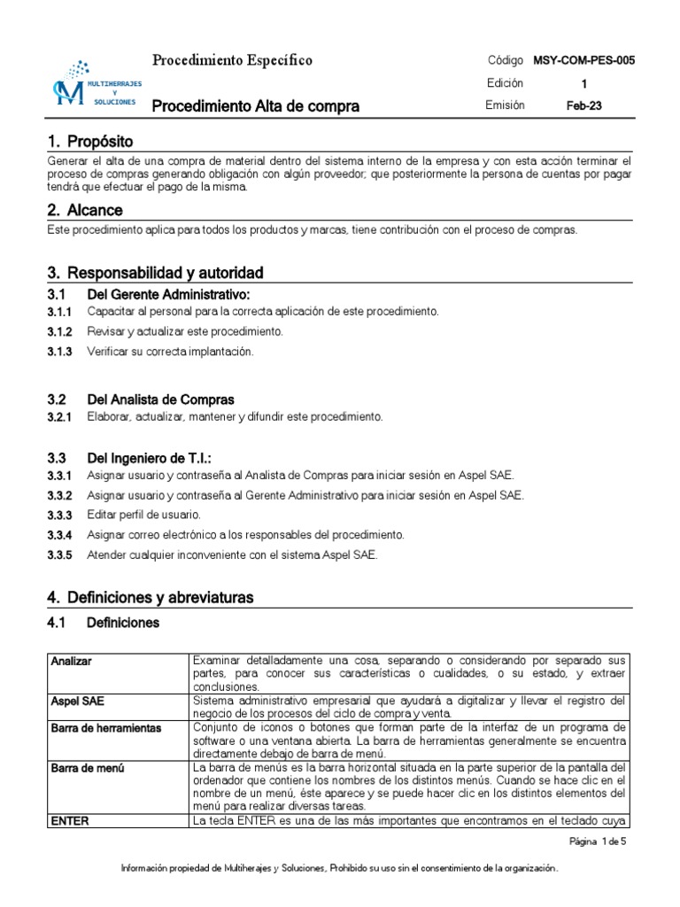 MYS-COM-PES-005 Procedimiento Alta de Compra | PDF | Informática | Software