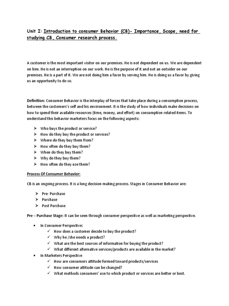 Unit I: Introduction To Consumer Behavior (CB) - Importance, Scope ...