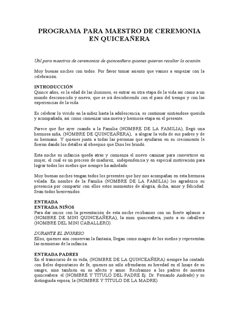 Programa para Maestro de Ceremonia en Quiceañera | PDF