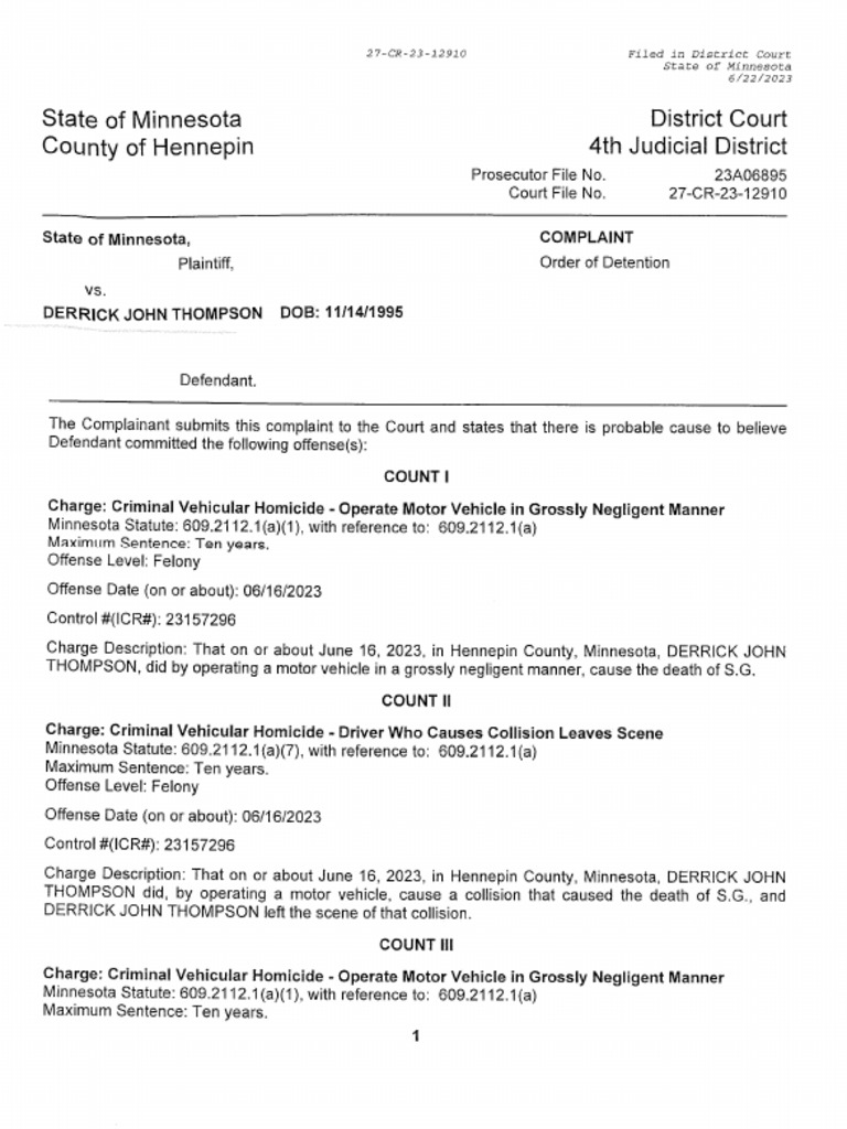 Derrick Thompson Hennepin County Charges | PDF