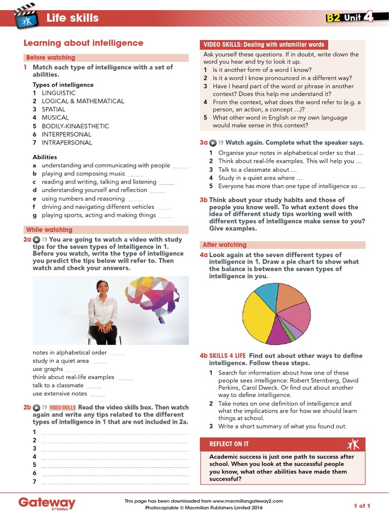B2 UNIT 4 Life skills video worksheet | PDF | Intelligence | Word