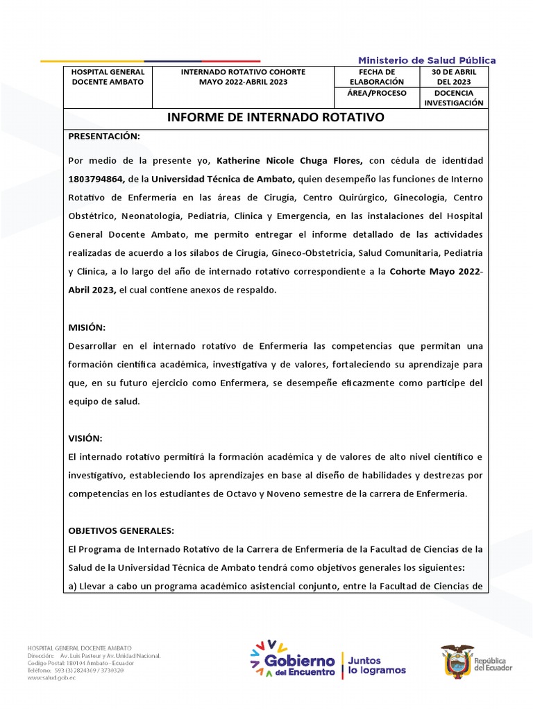 Informe Final de Internado Modelo | PDF | Hospital | Enfermería