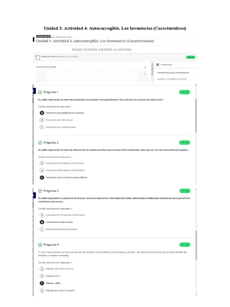 Unidad 3. Actividad 4. Autocorregible, Los Inventarios (Características) | PDF