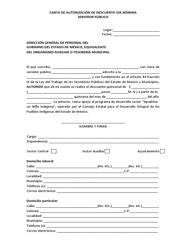 modelo carta que autoriza descuento via nomina | PDF