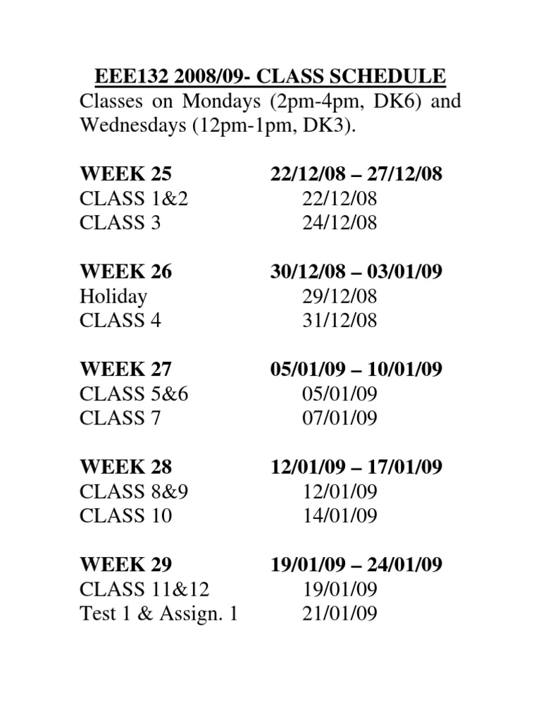Eee132 2008/09-Class Schedule | PDF | Diode | Solid State Engineering