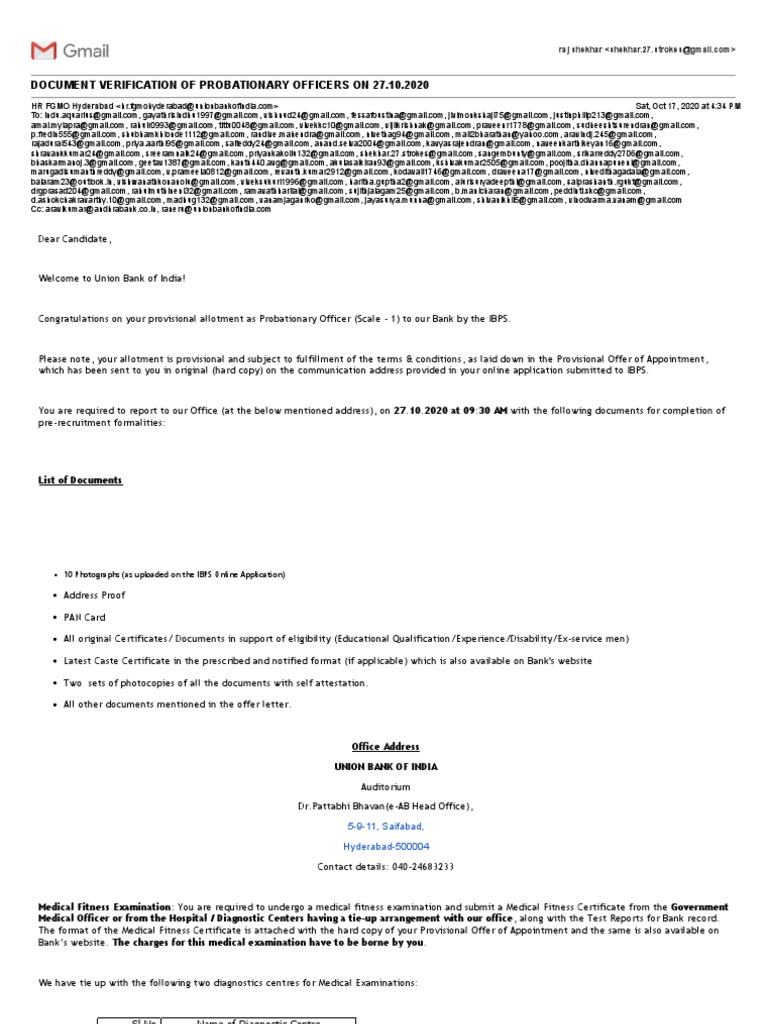 Gmail - DOCUMENT VERIFICATION OF PROBATIONARY OFFICERS ON 27.10.2020 | PDF | Service Industries ...