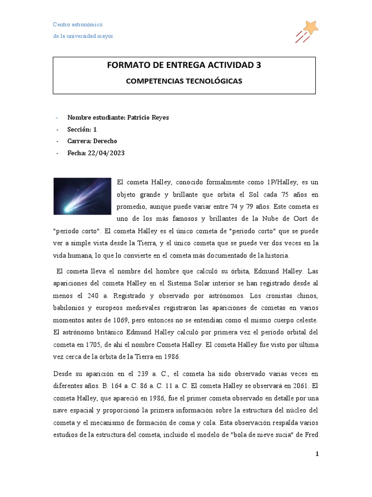 trabajo sobre el cometa halley | PDF | Cometa | Nube interestelar local