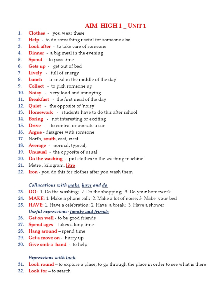 Aim High Vocabulary U 1-5 | PDF | Meal | Lunch