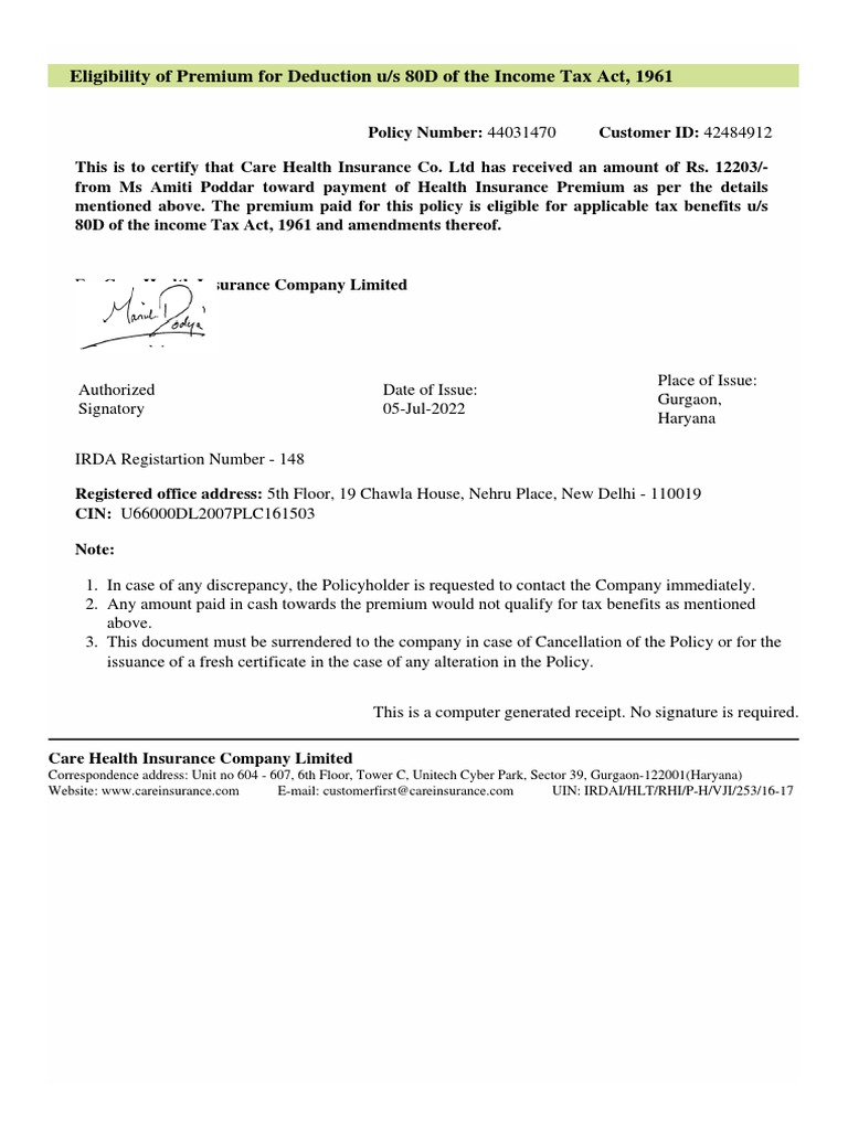 Eligibility of Premium For Deduction U/s 80D of The Income Tax Act ...