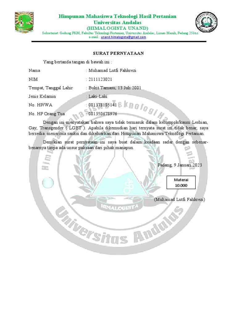 Surat Pernyataan Bebas Lgbt | PDF