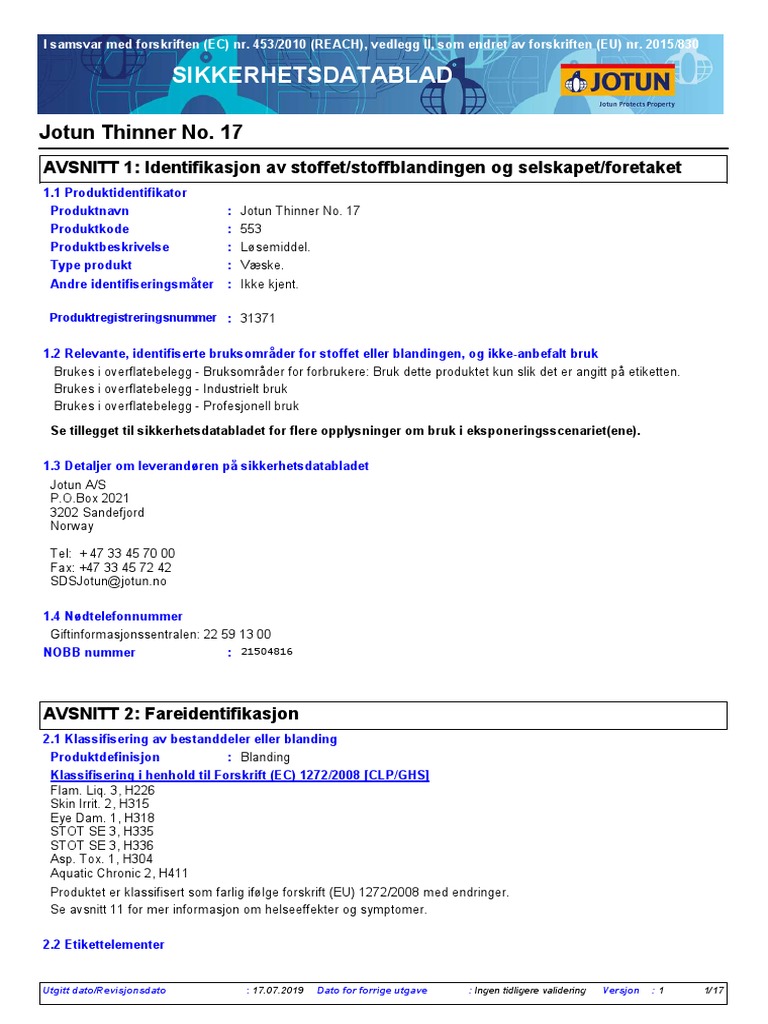 Jotun Thinner No 17 Sikkerhetsdatablad | PDF