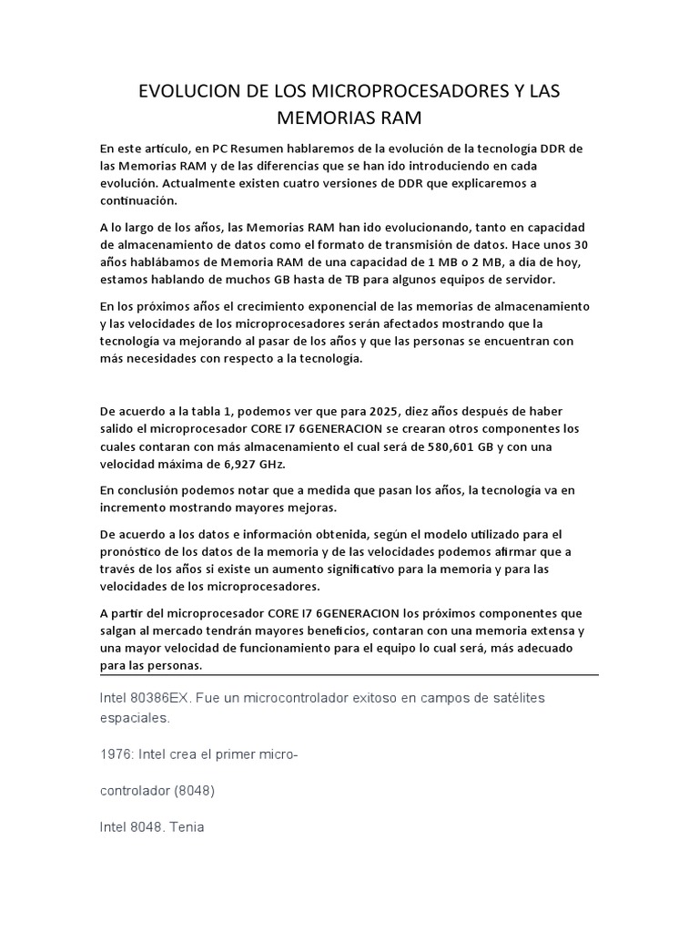 EVOLUCION DE LOS MICROPROCESADORES Y LAS MEMORIAS RAM | PDF | Microprocesador | Microcontrolador