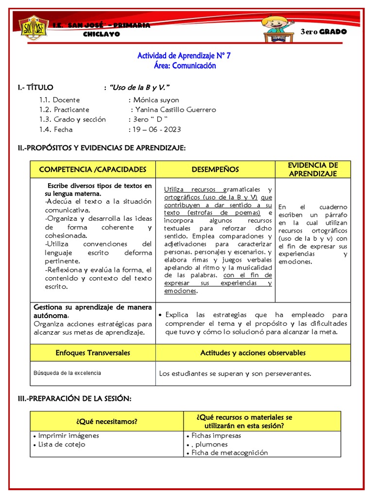 Sesion Del Uso de La B y V 3 Grado | PDF | Aprendizaje | Lingüística
