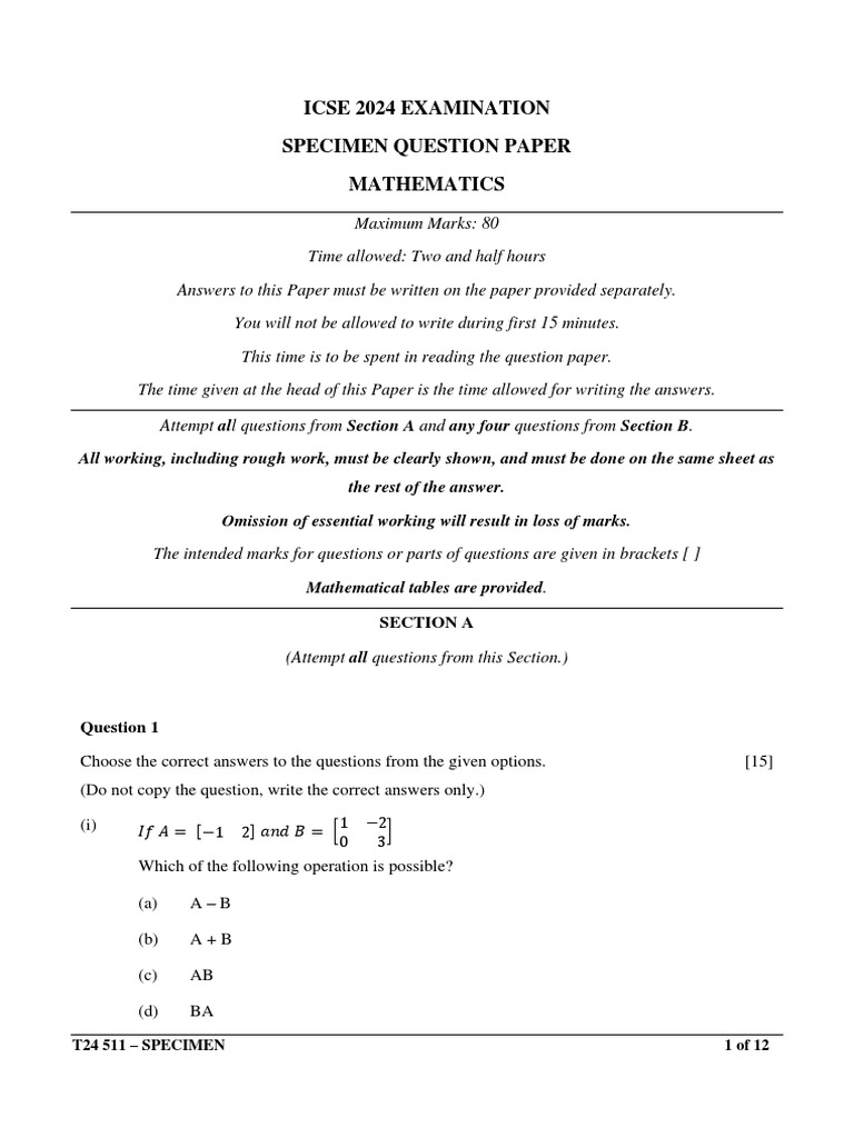 Specimenn Paper 2024 | PDF