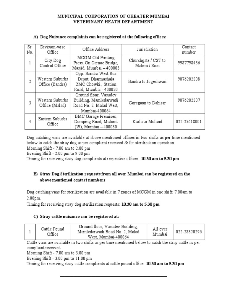 Information About Helpline Numbers of Dog Control Department | PDF | Mumbai