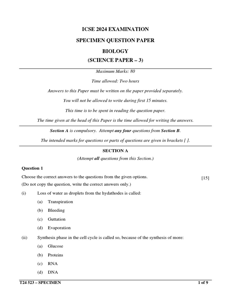 Icse 2024 Examination Specimen Question Paper Biology (Science Paper ...