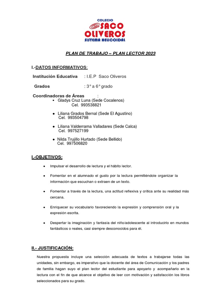 PLAN DE TRABAJO - Plan Lector - Doc 2023 | PDF | Ciencia cognitiva | Aprendizaje