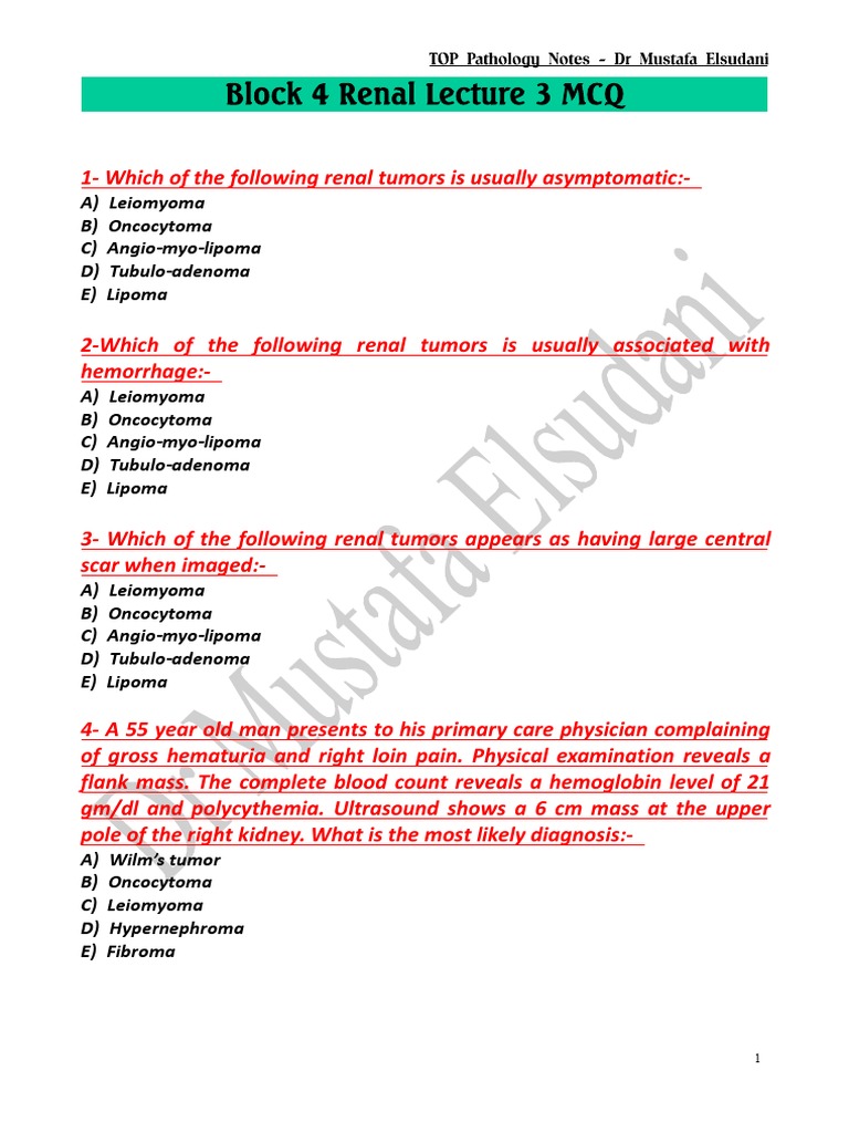 Block 4 Renal Lecture 3 MCQ | PDF