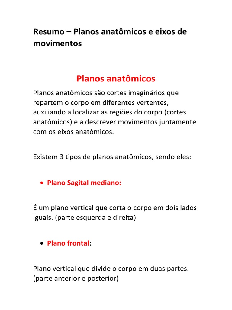 Anatomia - Resumo Dos Planos e Eixos | PDF
