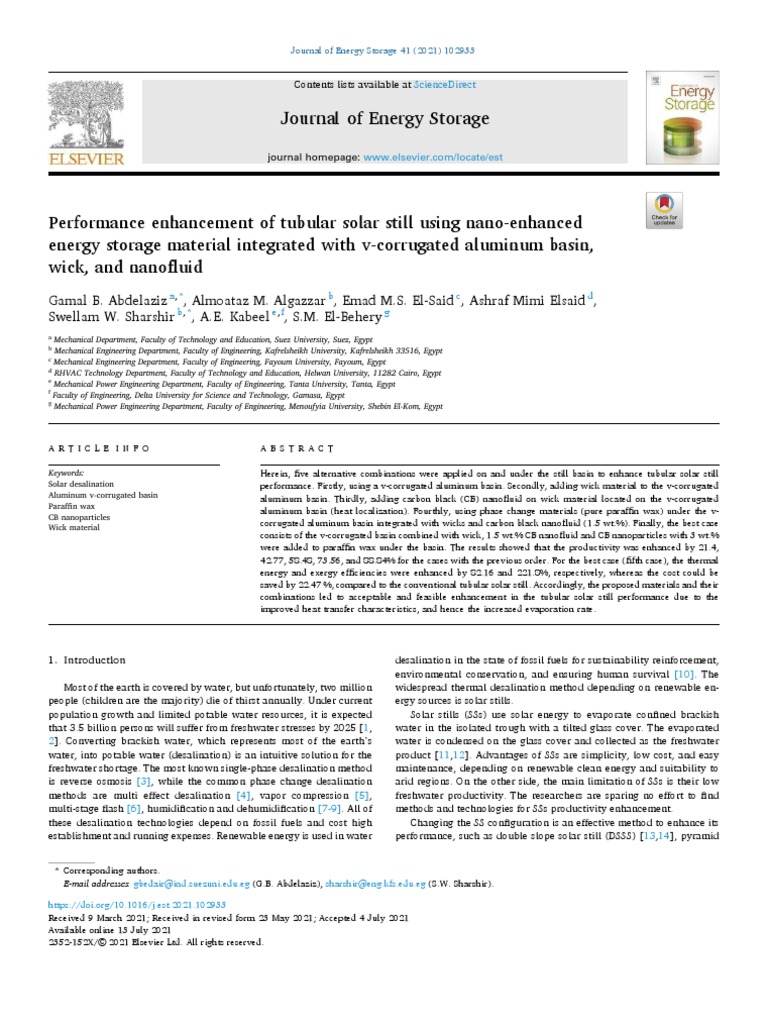 23' 2021 First Energy Storage Tubular Solar Still Using Nano-Enhanced First Energy Storage 1-s2 ...