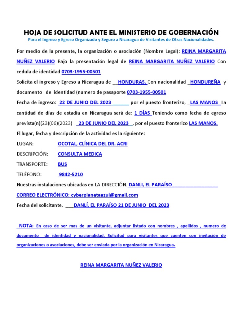HOJA DE SOLICITUD NICARAGUA REINA MARGARITA NUÑEZ VALERIO | PDF