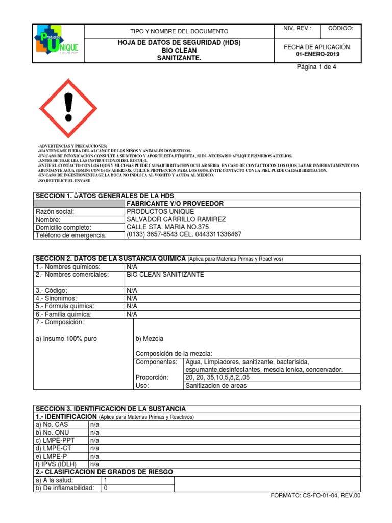Hoja de Datos de Seguridad Bio Clean | PDF | Agua | Naturaleza