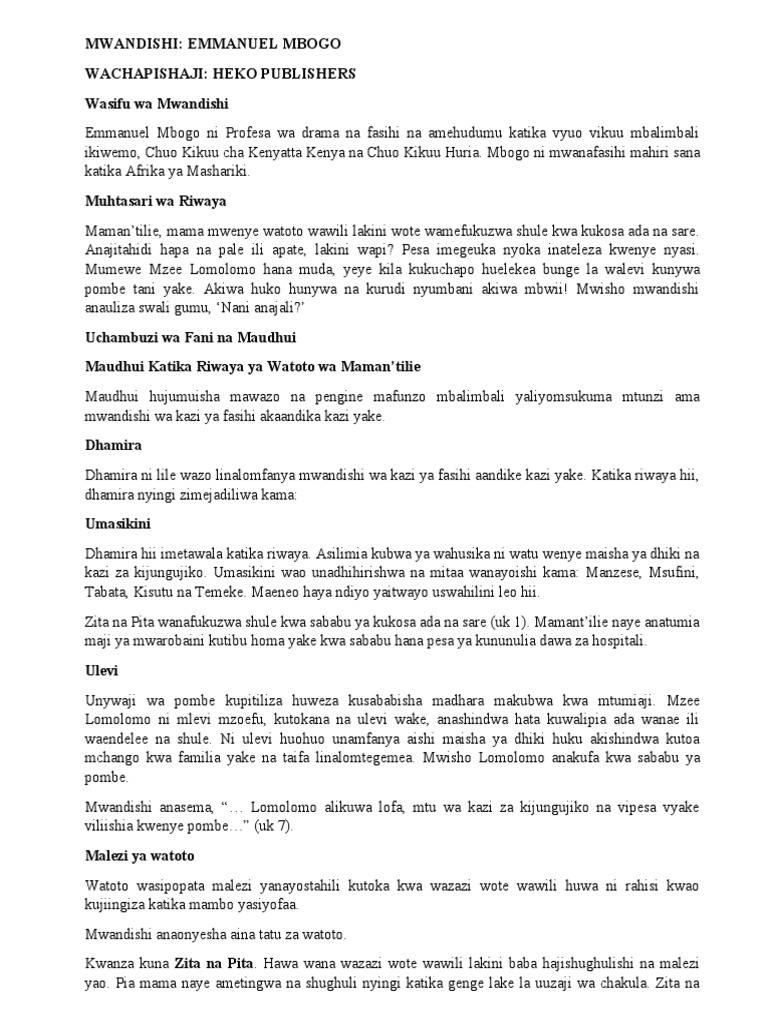 Watoto Wa Mama Ntilie (Uhakiki) | PDF