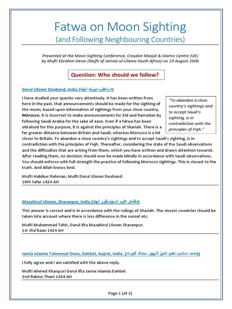 Fatwa on Moonsighting and Following Neighbouring Countries | PDF ...