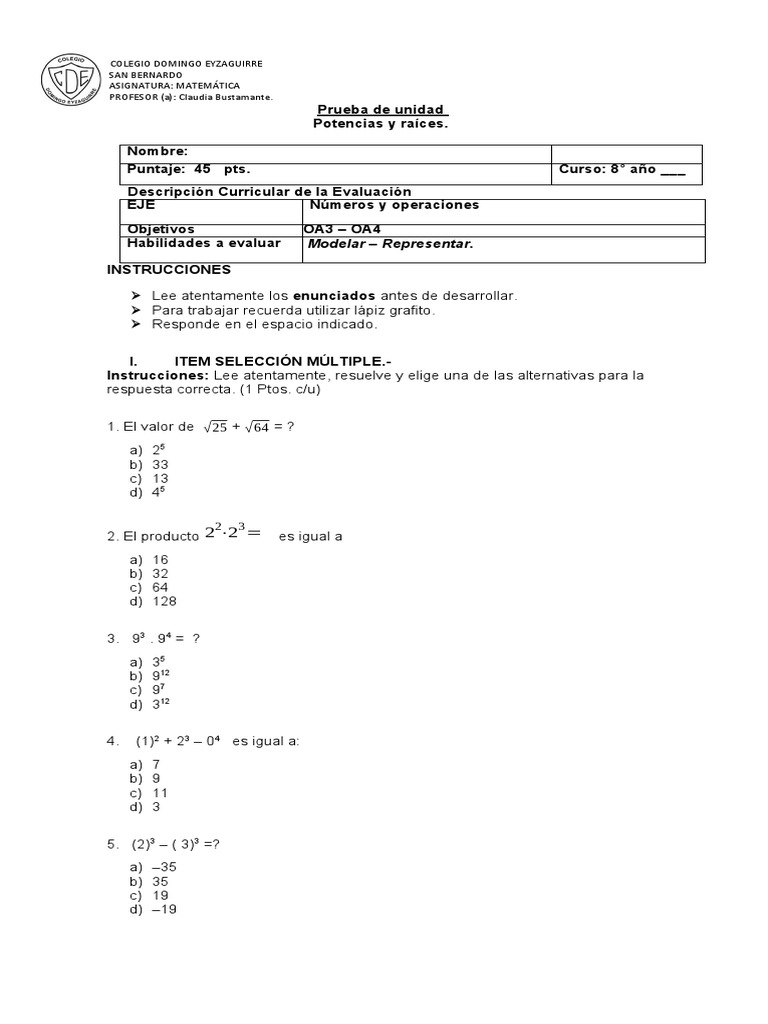 Prueba 8° B Matemática. Potencias y Raíces. | PDF